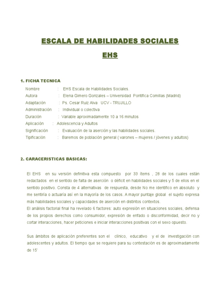 EHS Escala de Habilidades Sociales de Gismero Adaptacion Peruana | PDF