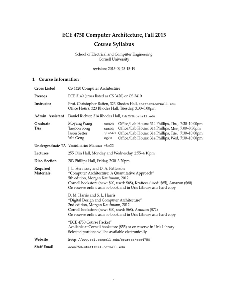 Ece4750 Syllabus | PDF | Cpu Cache | Central Processing Unit