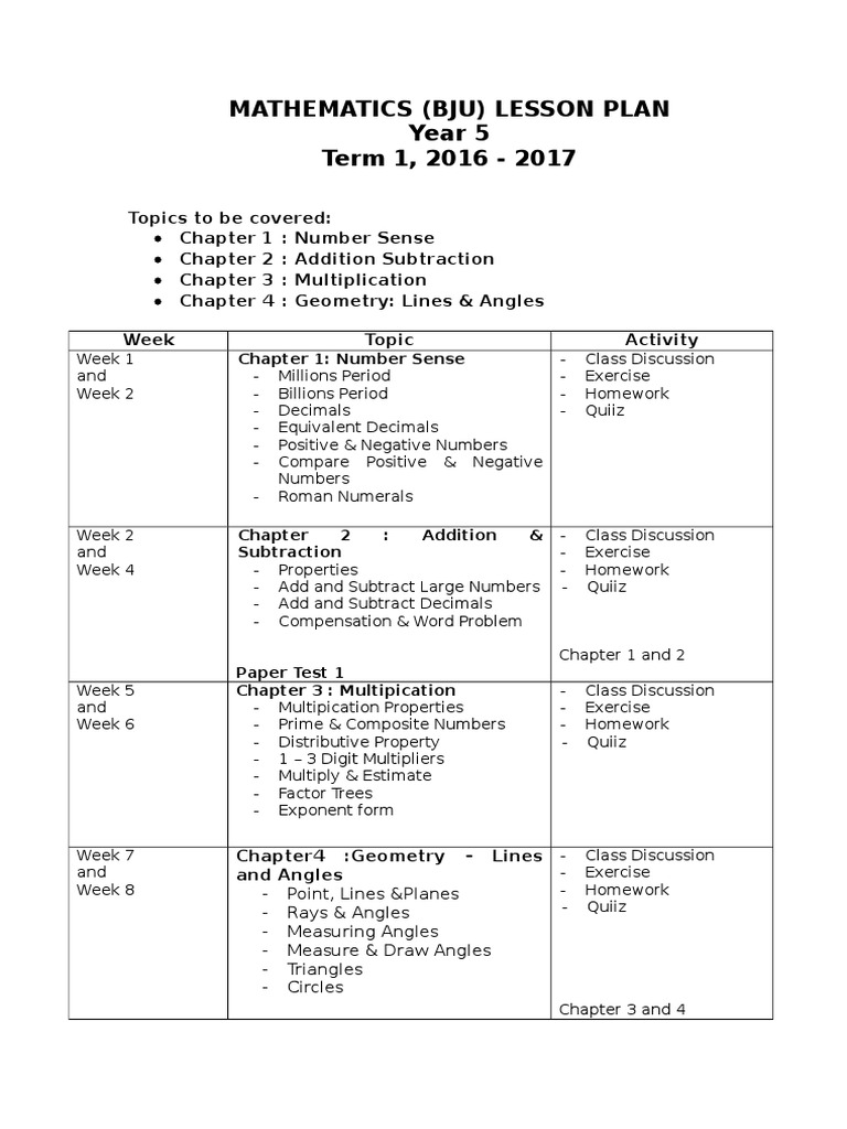 Lesson Plan Math 5 BJU Term 1 2016 | PDF