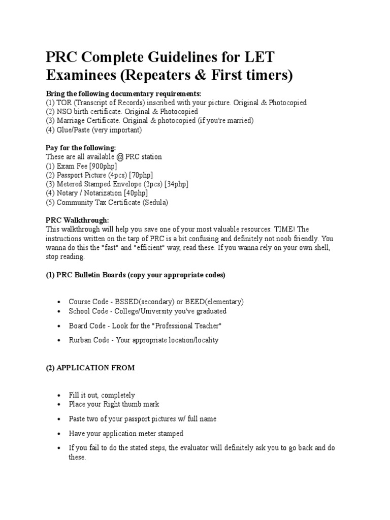 PRC Complete Guidelines For LET Examinees | Download Free PDF | Birth ...