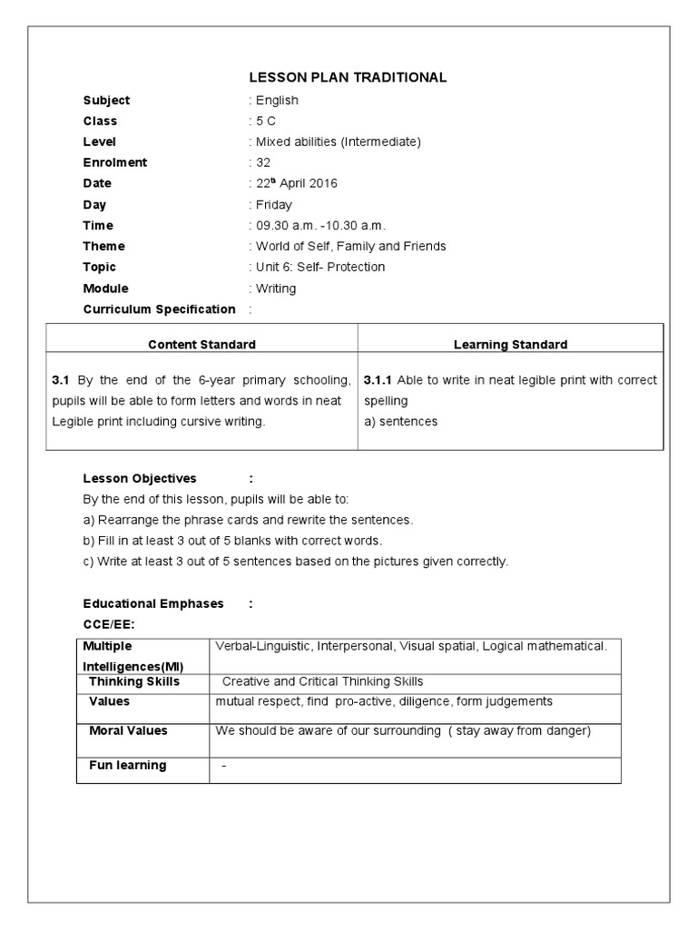 Lesson Plan Traditional | PDF | Lesson Plan | Vocabulary