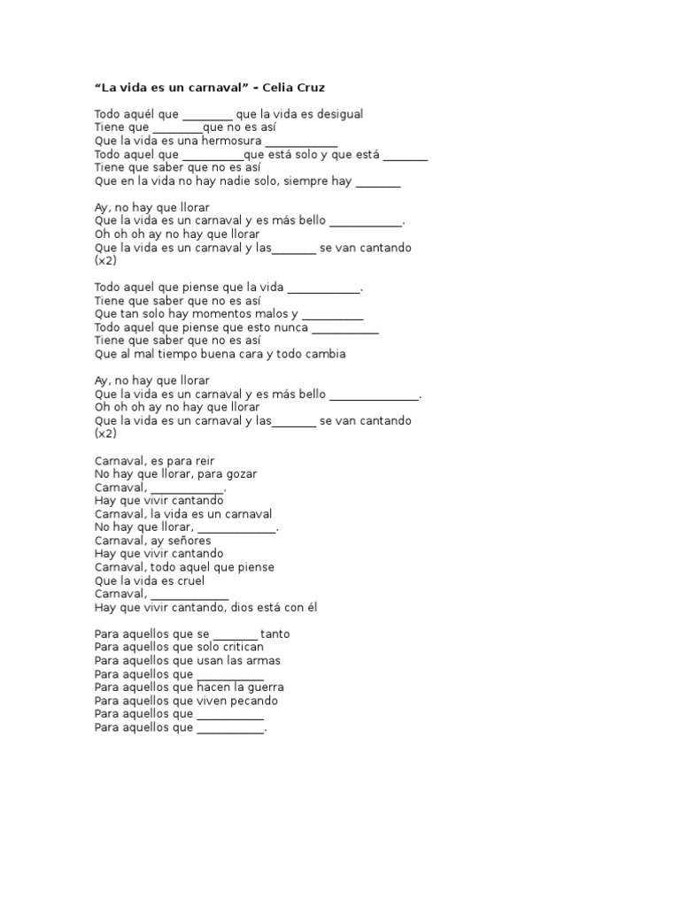 La Vida Es Un Carnaval Letra PDF, 52% OFF