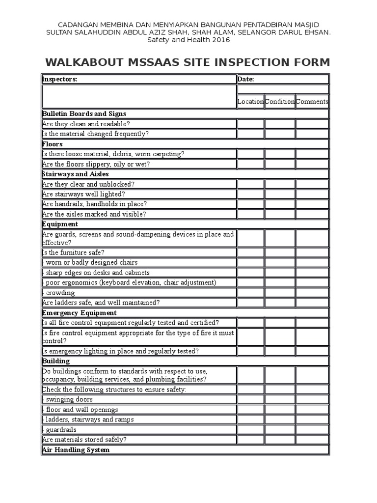 Walkabout Mssaas Site Inspection Form | PDF | Aisle | Stairs