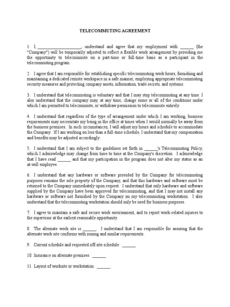 Telecomuting Agreement | PDF | Telecommuting | Employee Relations