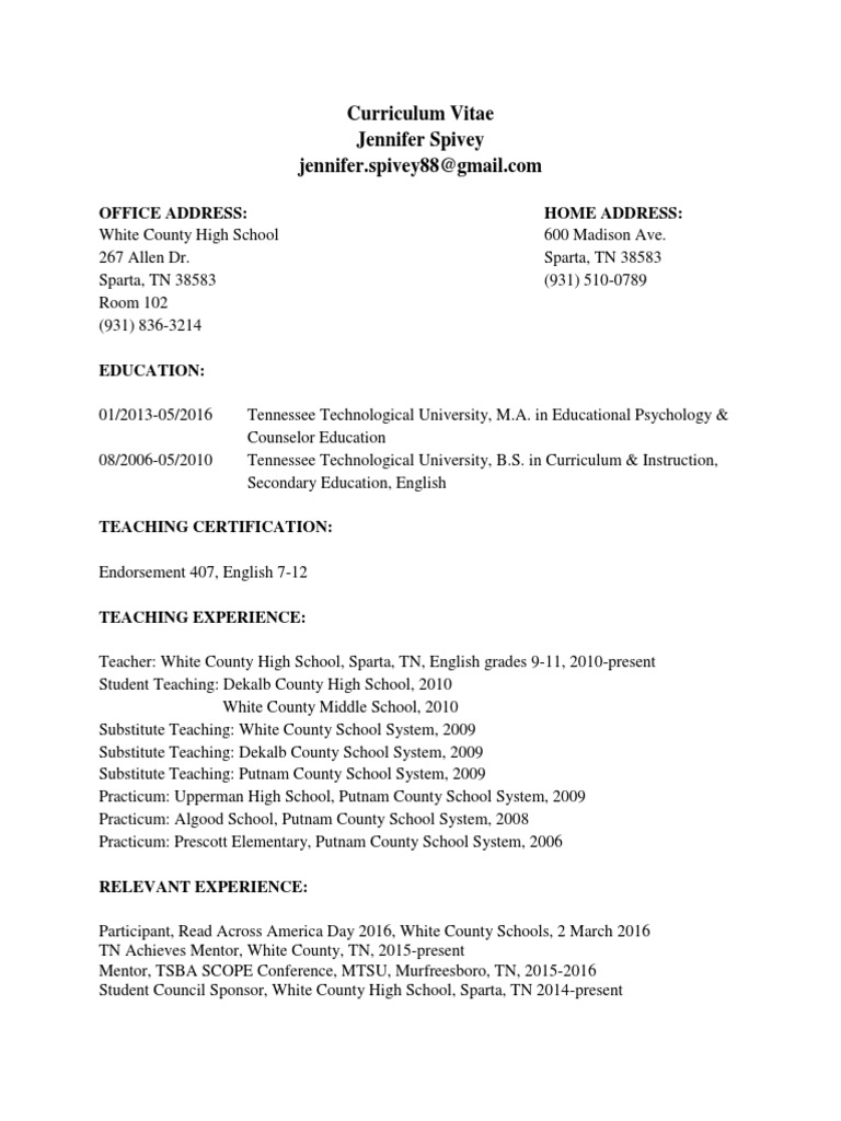 Curriculum Vitae Jennifer Spivey | PDF | Tennessee | Secondary School