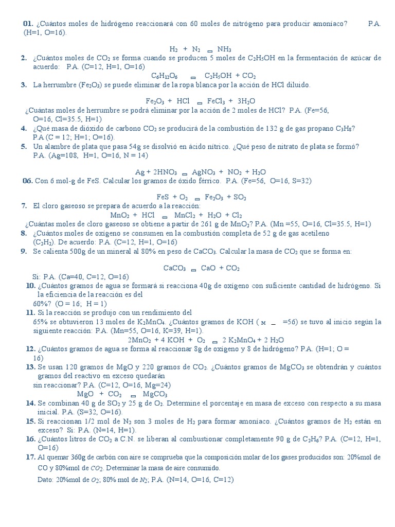 Problemas de cálculos estequiométricos involucrando varias reacciones ...
