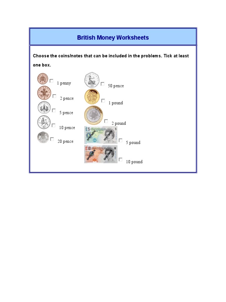 British Money Worksheets: Choose The Coins/notes That Can Be Included ...