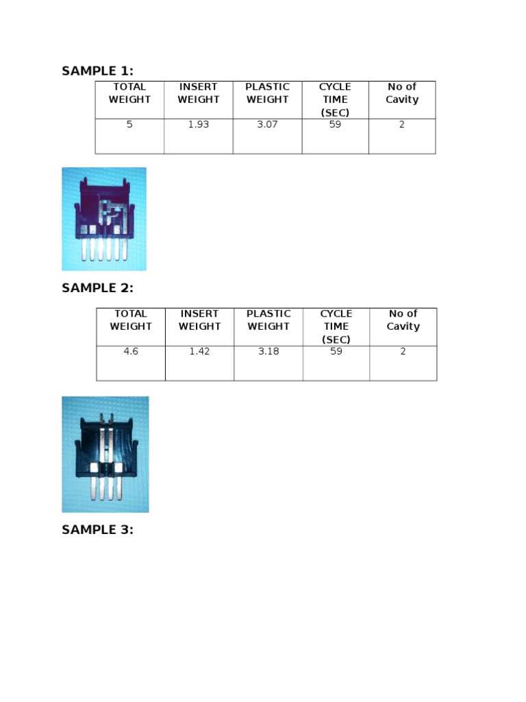 Sample 1:: Total Weight Insert Weight Plastic Weight Cycle Time (SEC ...