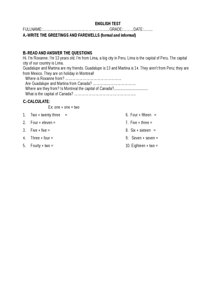 English Test A.-WRITE THE GREETINGS AND FAREWELLS (Formal and Informal ...