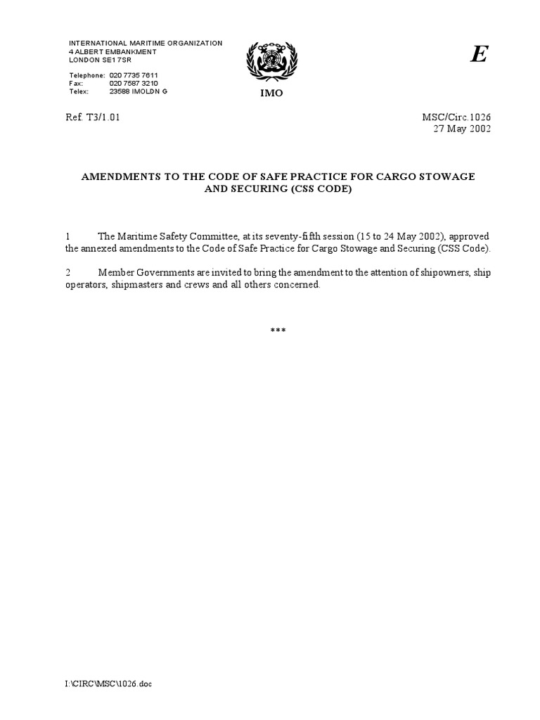 MSC.1-Circ.1026 - Amendments To The Code of Safe Practice For Cargo Stowage and Securing (Css ...