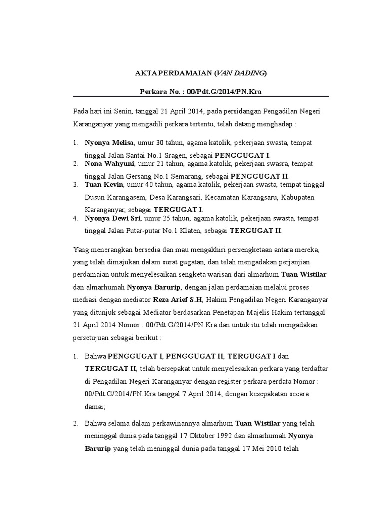 Akta Perdamaian Di Pengadilan (Mediasi) | PDF