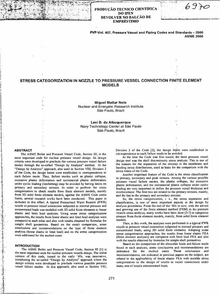 Stress Categorization in Nozzle To Pressure Vessel Connection Finite Element Models | PDF ...