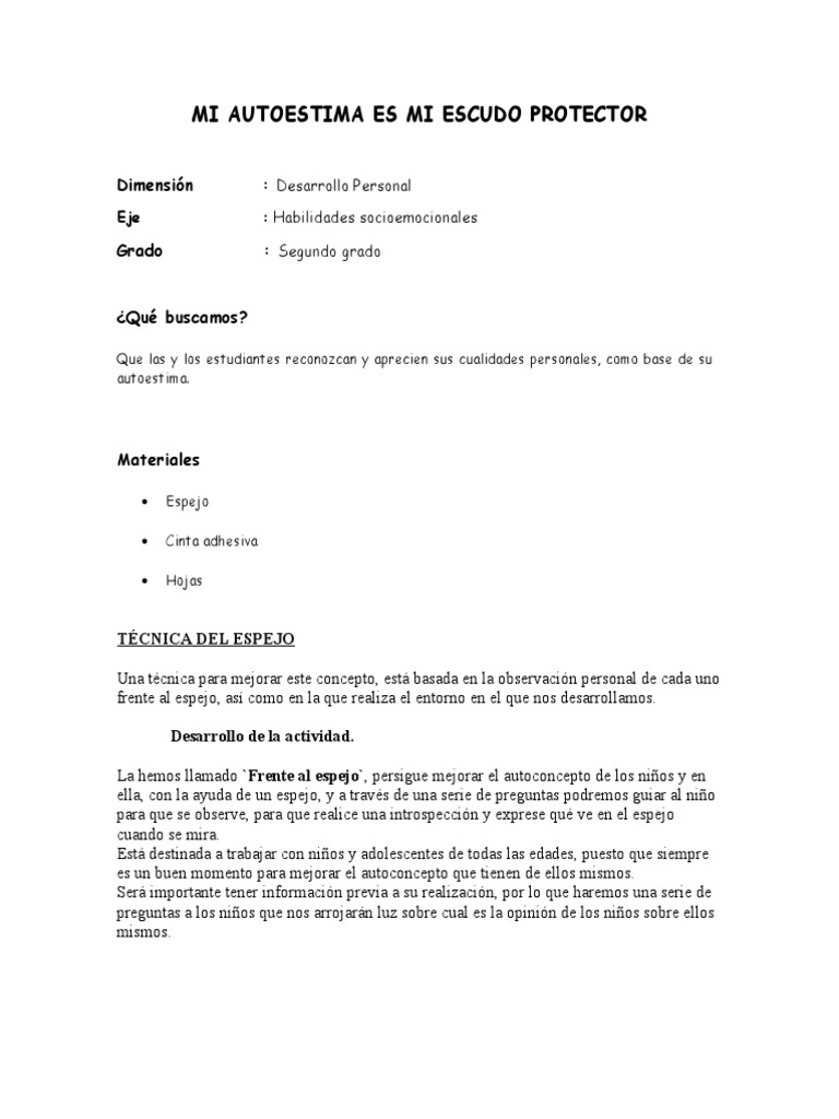 Mi autoestima es mi escudo protector | PDF | Autoestima | Toma de ...