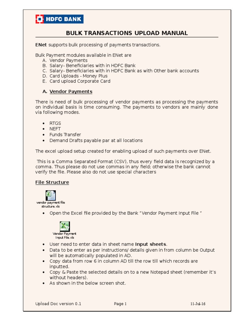 HDFC Bank Bulk Payment Upload Guide | PDF | Microsoft Excel | Debits ...