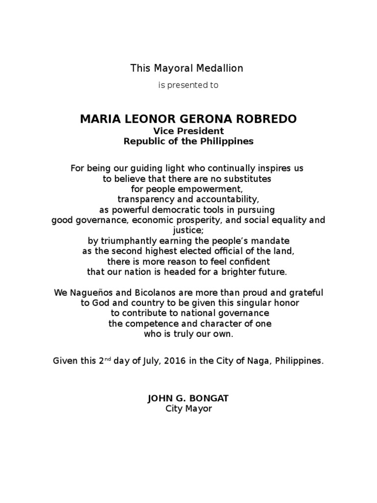 Mayoral Medallion for Maria Leonor Robredo | PDF