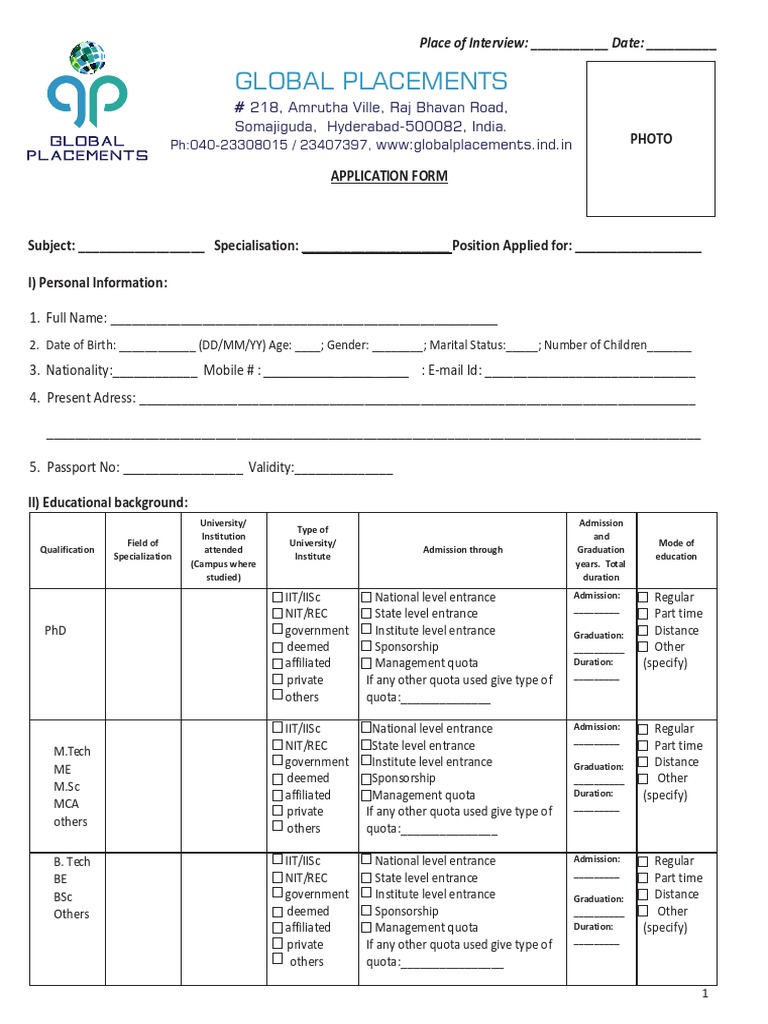 Global Placement Application Form | Download Free PDF | Doctor Of Philosophy | Lecturer