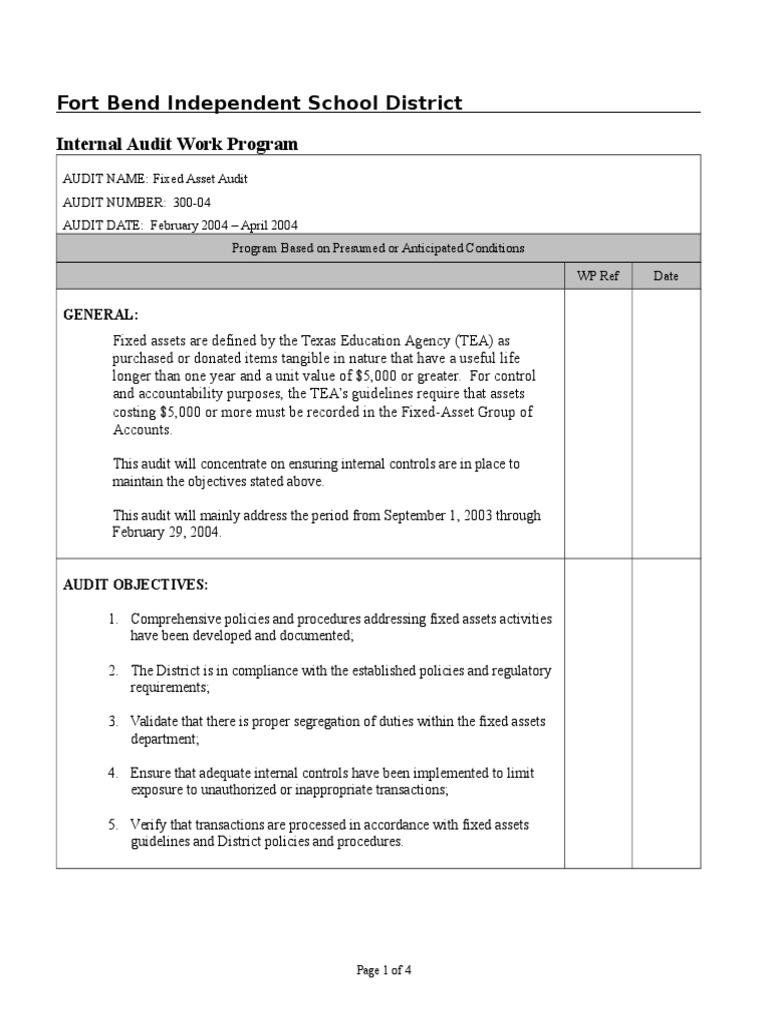 Audit Program for Fixed Asset | Auditor's Report | Audit