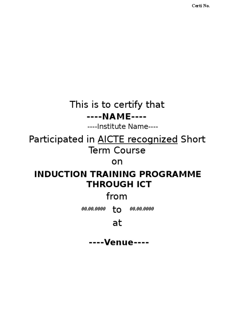 Certificate of Completion for an AICTE Recognized Induction Training ...