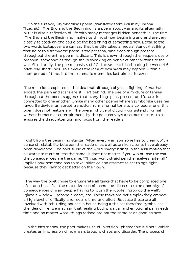 Szymborska The End and The Beginning Commentary | PDF | Poetry