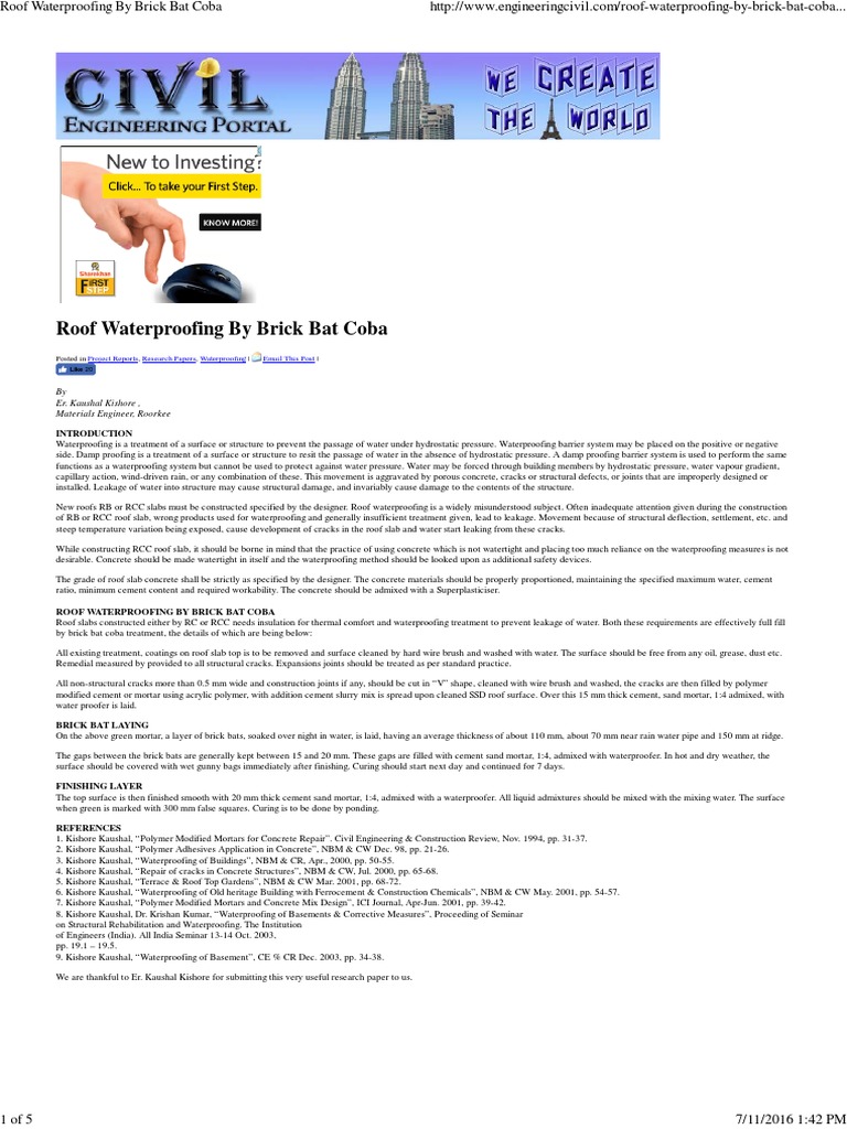 Brick Bat Coba Roof Waterproofing Guide | PDF | Roof | Mortar (Masonry)