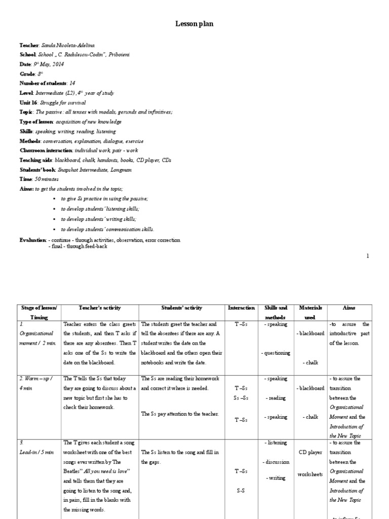 Proiect de Lectie Passive Voice 8th Form | PDF | Lesson Plan | Reading ...