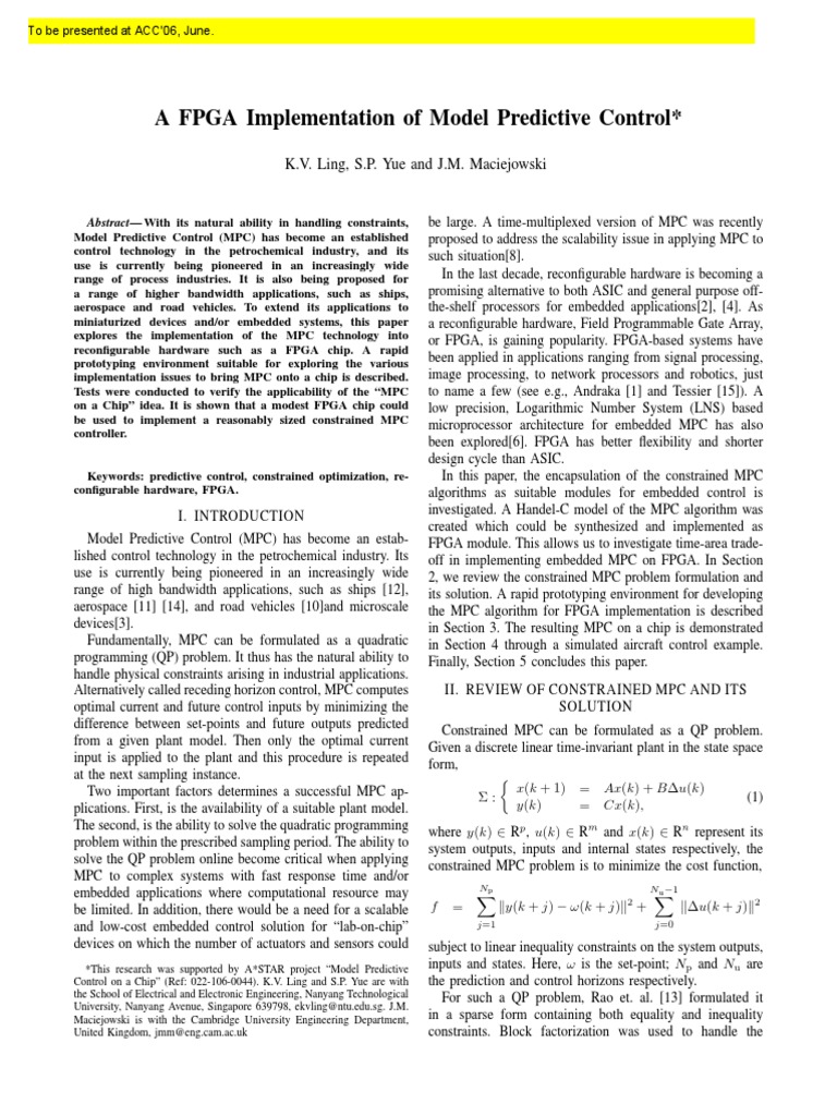 A FPGA Implementation of Model Predictive Control : K.V. Ling, S.P. Yue ...
