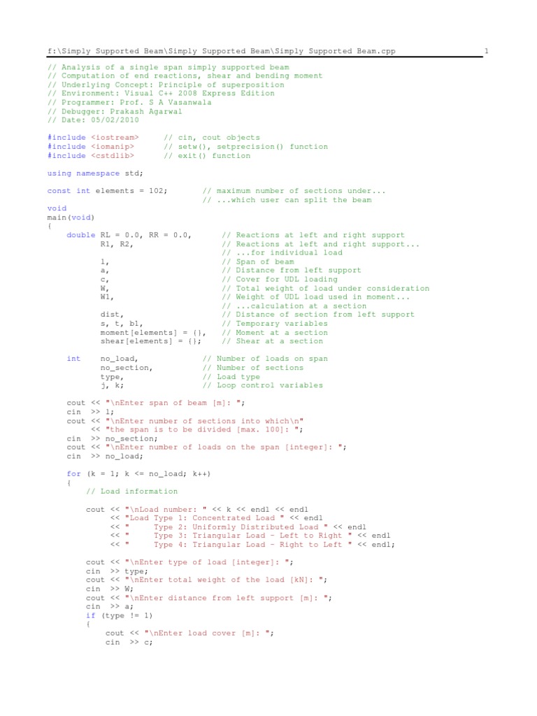 Simply Supported Beam Analysis (Visual C++) | PDF | Beam (Structure ...