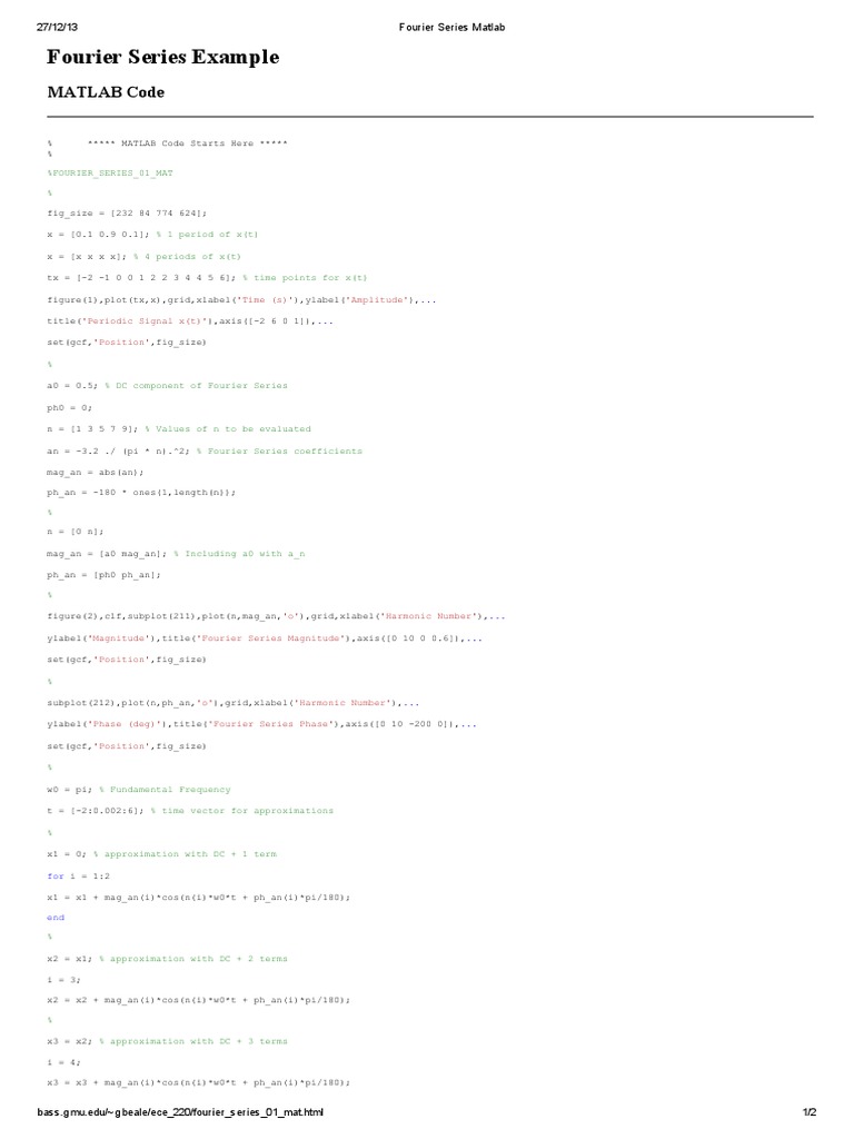 Fourier Series Example: Matlab Code | PDF