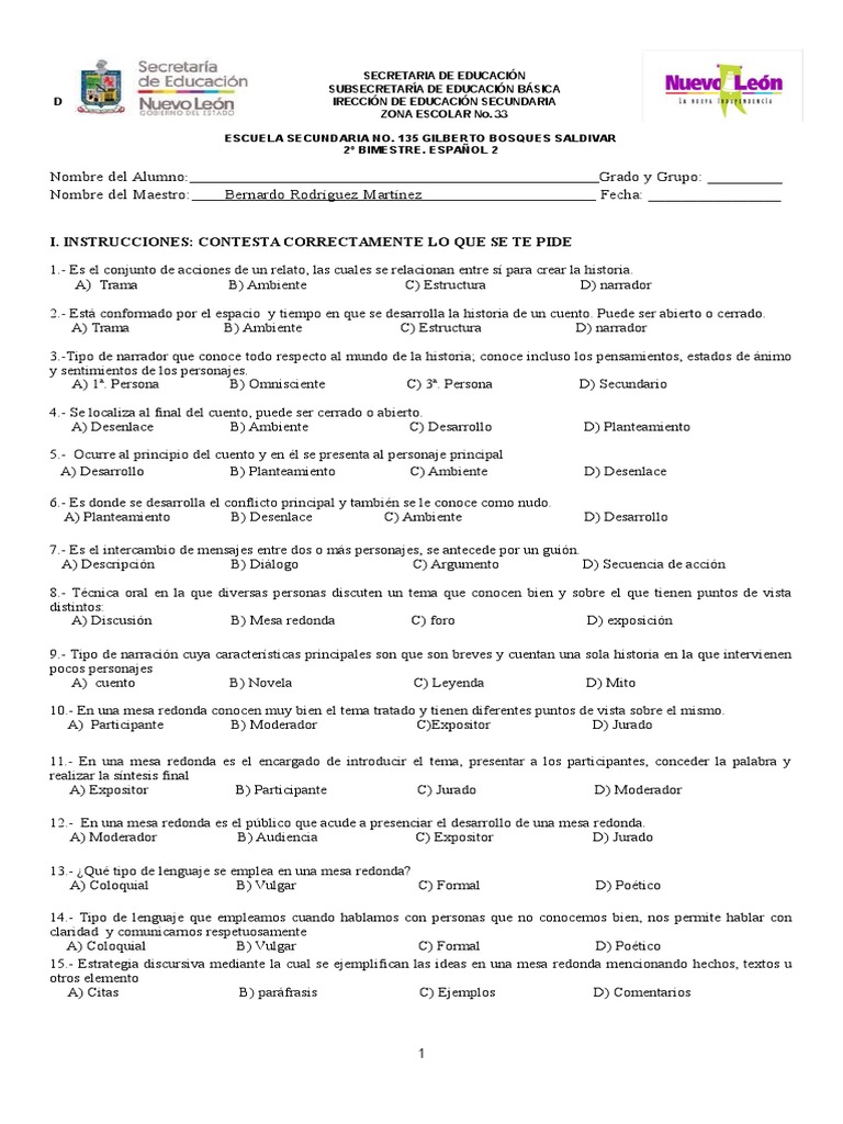 Examen Español 2 2° Bimestre | PDF | Narración | Cuentos