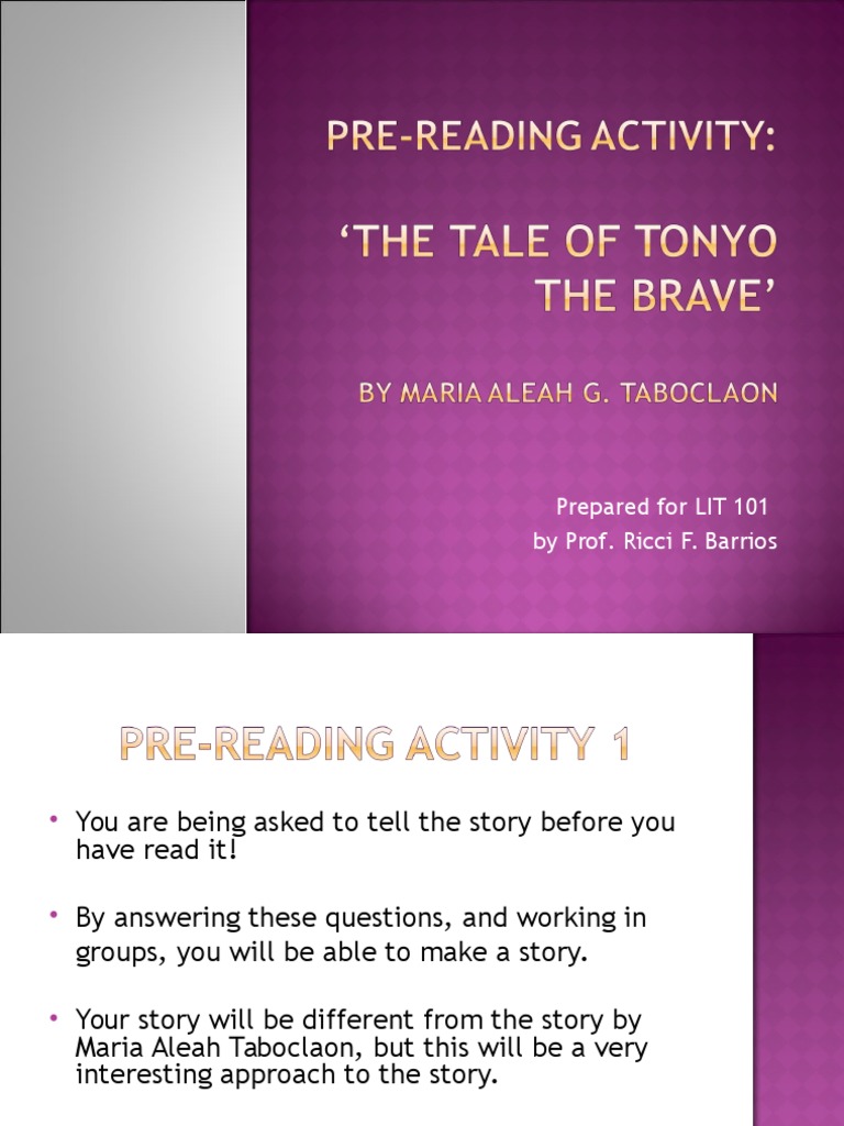 Pre-Reading Activity 1 TONYO The BRAVE Lit 101 | PDF