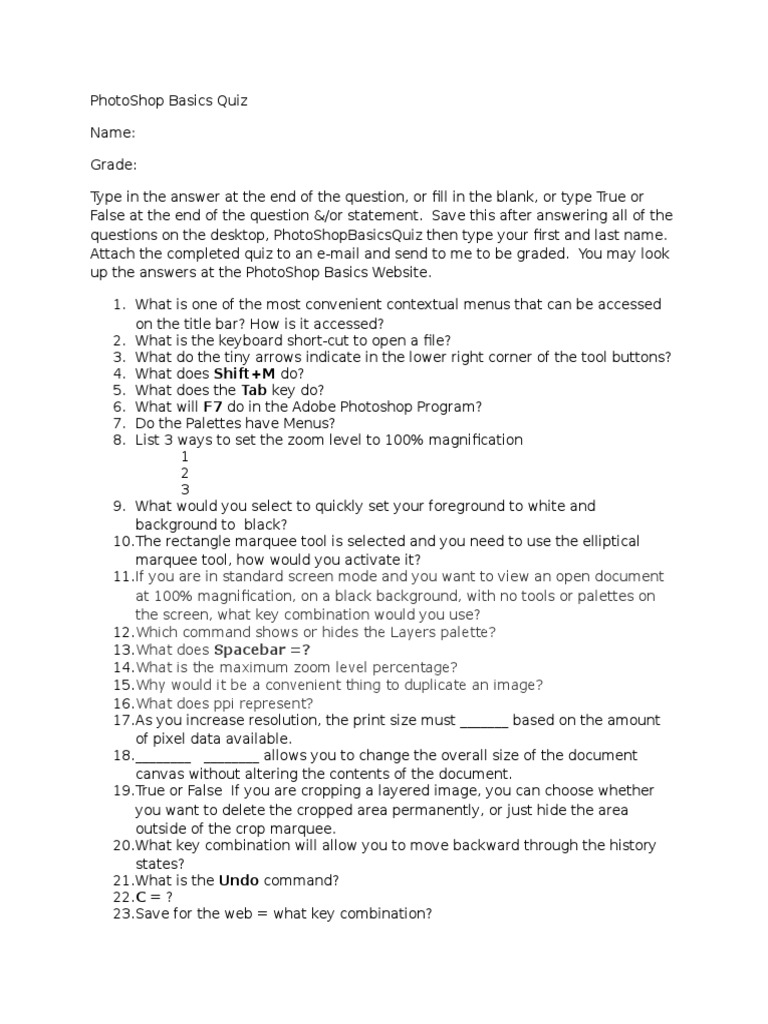 Photoshop Basics Quiz - 25 Questions Answers | PDF