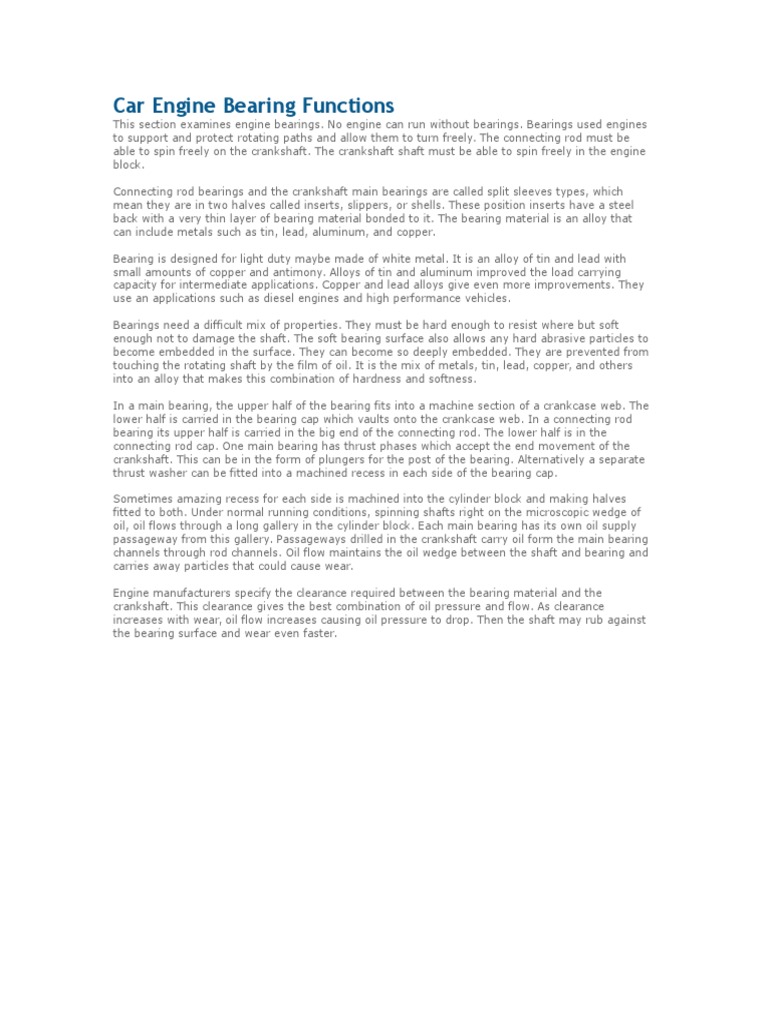 Car Engine Bearing Functions | PDF | Bearing (Mechanical) | Internal ...