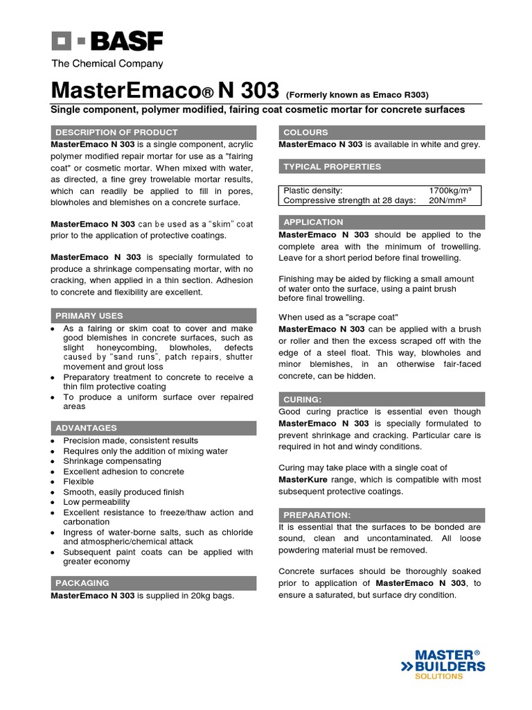 MasterEmaco N 303 Formerly Emaco - R303M - EG | PDF | Mortar (Masonry ...