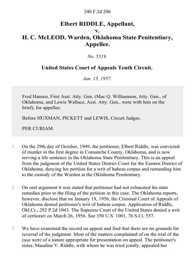 Elbert Riddle v. H. C. McLeod Warden, Oklahoma State Penitentiary, 240 ...