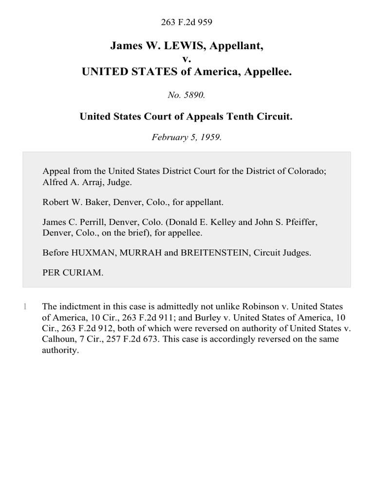 James W. Lewis v. United States, 263 F.2d 959, 10th Cir. (1959) | PDF