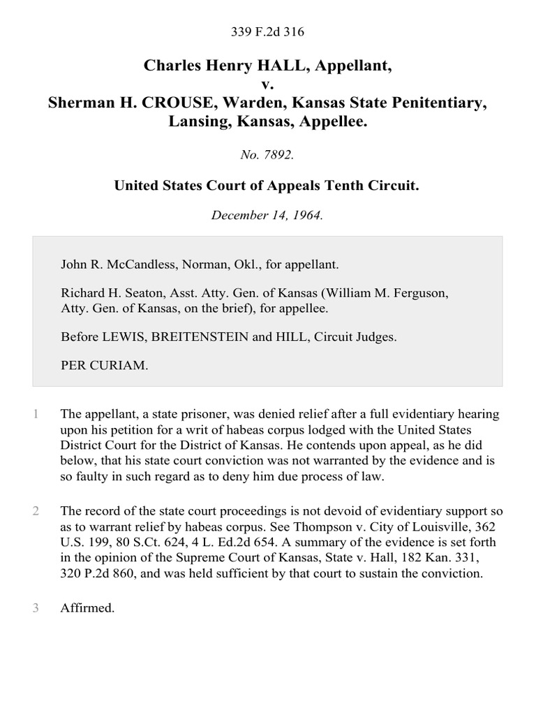 Charles Henry Hall v. Sherman H. Crouse, Warden, Kansas State ...