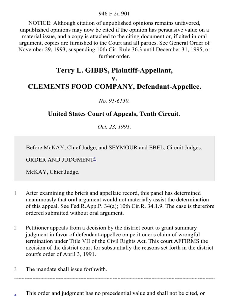 Terry L. Gibbs v. Clements Food Company, 946 F.2d 901, 10th Cir. (1991 ...
