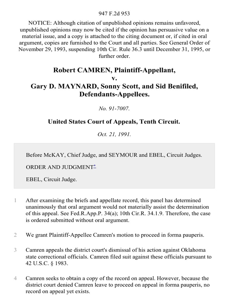 Robert Camren v. Gary D. Maynard, Sonny Scott, and Sid Benifiled, 947 F.2d 953, 10th Cir. (1991 ...