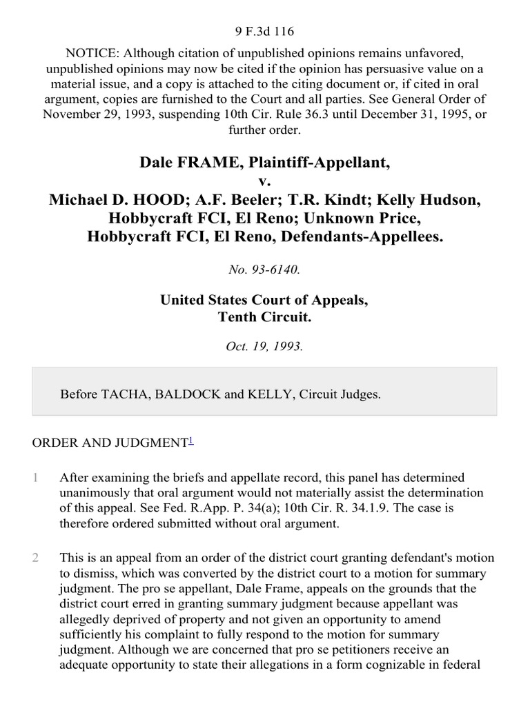 Dale Frame v. Michael D. Hood A.F. Beeler T.R. Kindt Kelly Hudson ...