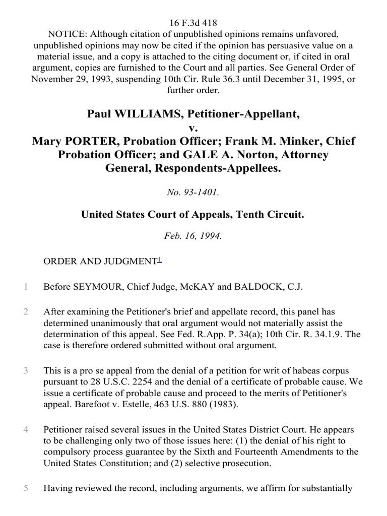 Paul Williams v. Mary Porter, Probation Officer Frank M. Minker, Chief ...
