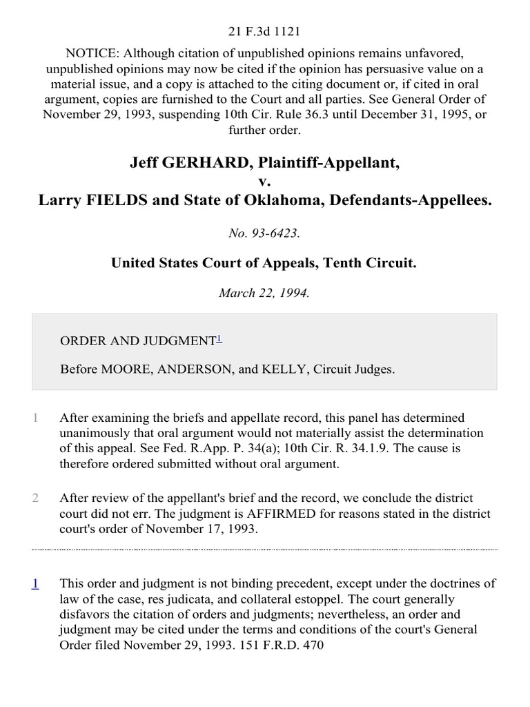 Jeff Gerhard v. Larry Fields and State of Oklahoma, 21 F.3d 1121, 10th Cir. (1994) | PDF