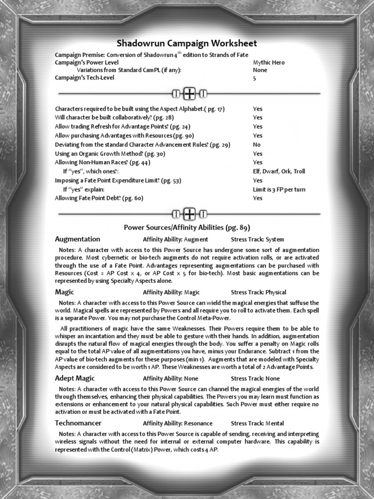 Campaign Worksheet - Shadowrun | PDF