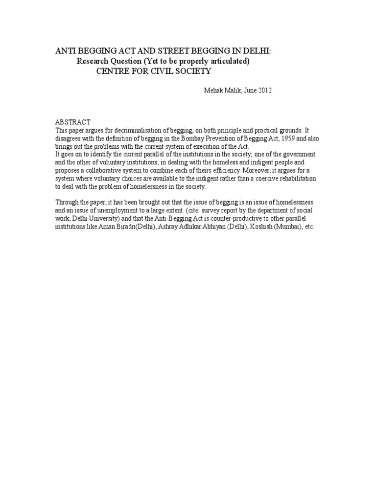 Anti Begging Act and Street Begging in Delhi: Research Question (Yet To ...