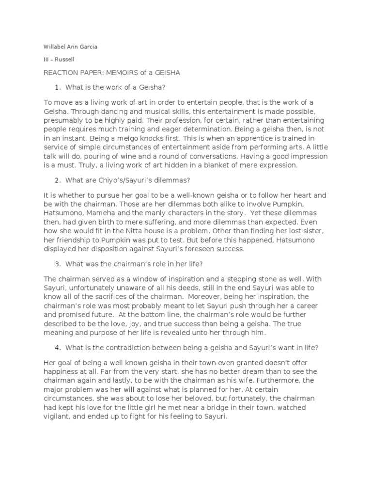 Short Reaction Paper: Memoirs of A Geisha | PDF | Geisha