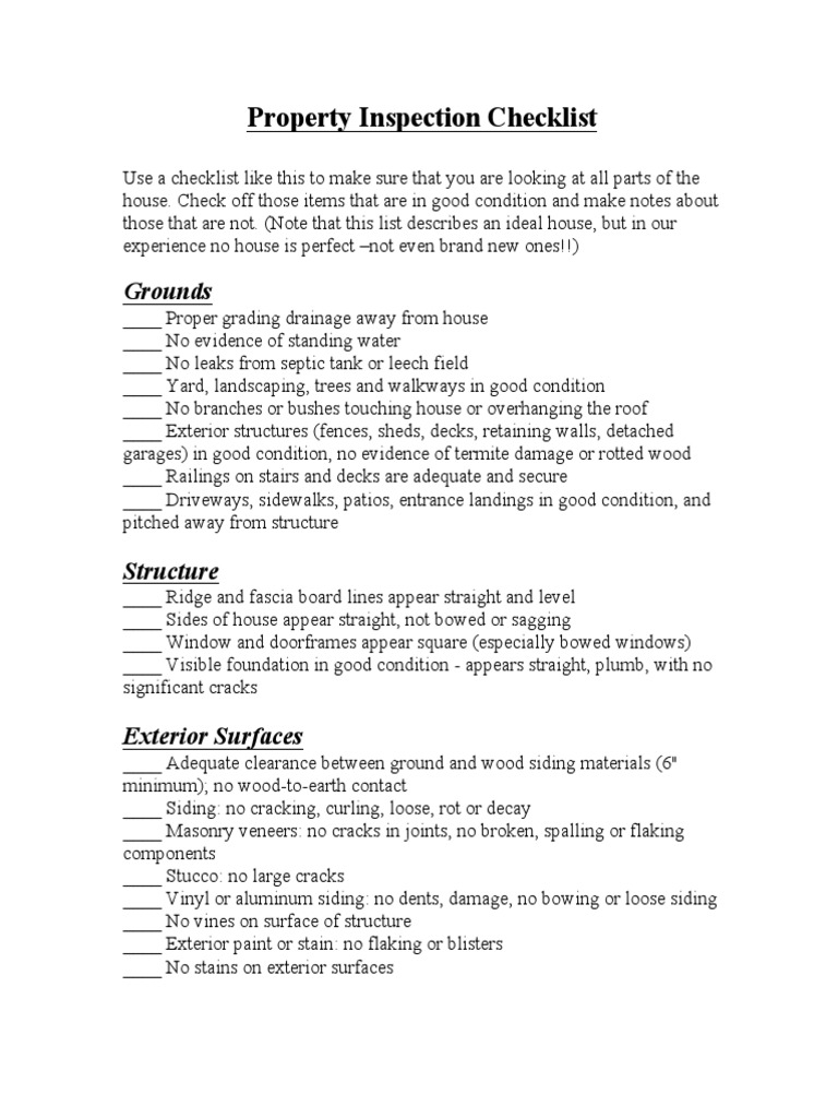 Property Inspection Checklist | PDF | Basement | Sink