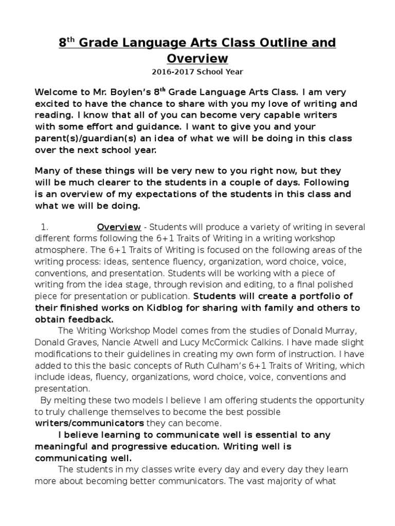 8 Grade Language Arts Class Outline And: 2016-2017 School Year | PDF ...