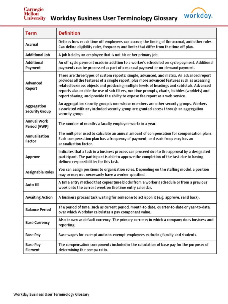 Glossary Workday Terminology Business Users | PDF | Employee Benefits ...