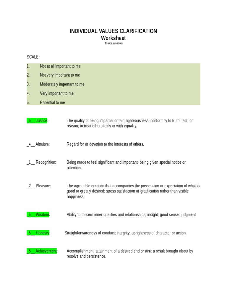 Individual Values Clarification Worksheet: Source Unknown | Download ...