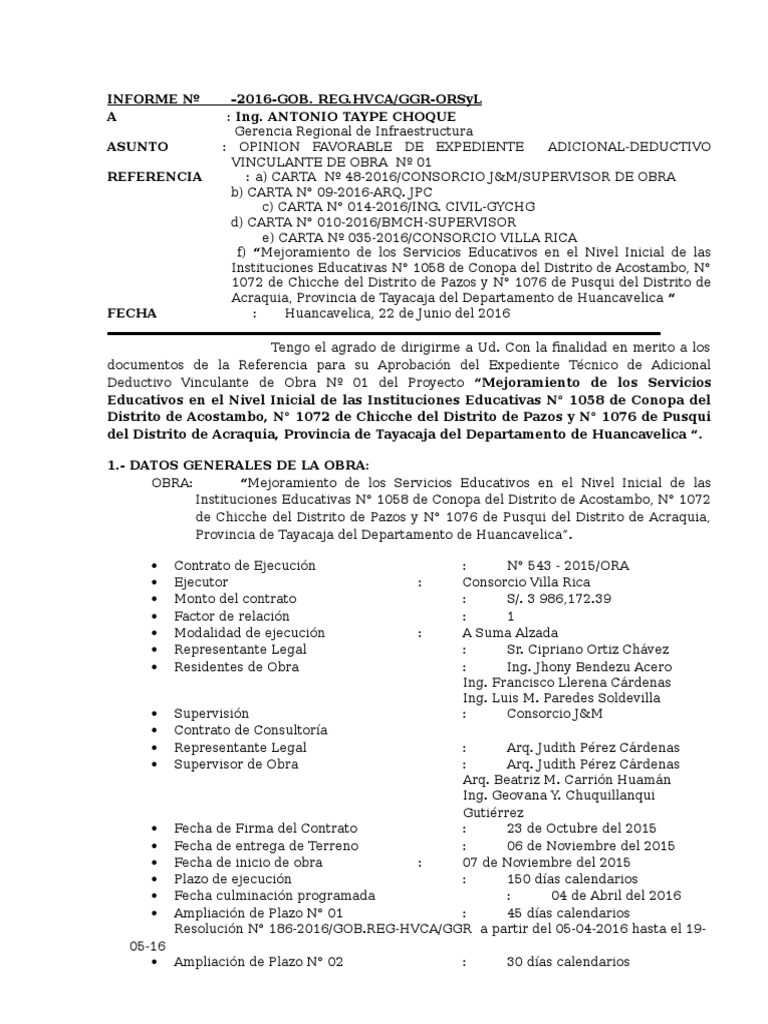 Informe de Adicional y Deductivo Vinculante de Obra N 01 Conopa | Tanques | Presupuesto